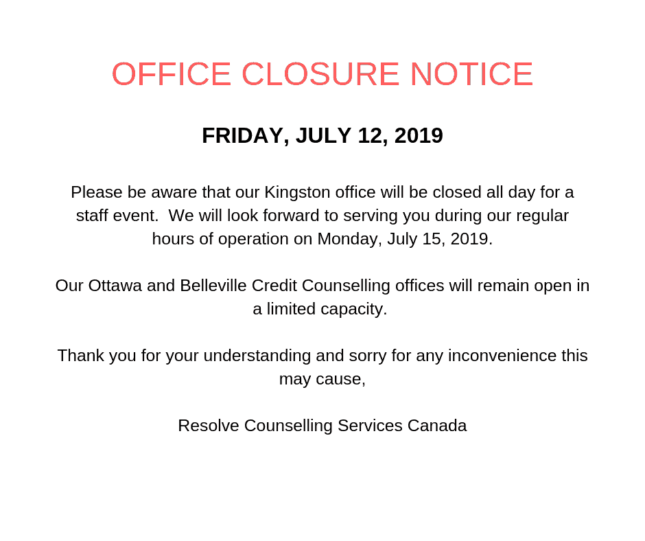Office Closure Notice Resolve Counseling Services Canada